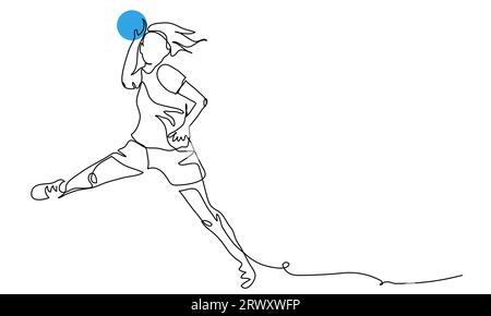 Handball player throws the ball. One continuous line art drawing of ...