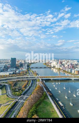 Historic Bandai Bridge surrounded by streetscapes along Niigata Shinano ...