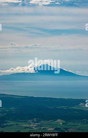 Beautiful marshland scenery of Sarobetsu plain seen from the sky and ...
