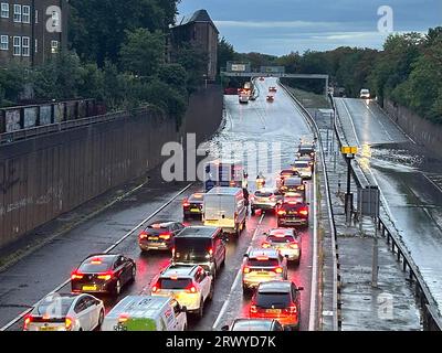 Flooding on the A12 near Hackney Wick station in London. Picture date ...