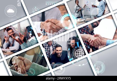 Partner, collaboration. Collage with photos of businesspeople, banner ...