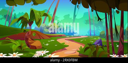 Outgoing path in forest among trees, bushes and flowers. Cartoon vector ...