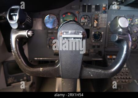 flight deck and flight controls of a Boeing 747 cockpit in an airplane ...