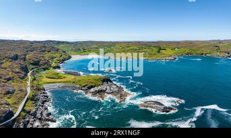 Aerial view of Clashnessie Bay and the single track road and scenic ...