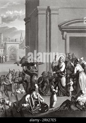 Jesus expels the merchants from the Temple for the second time. Colored ...