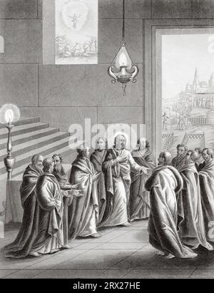 Jesus consoles his apostles and promises them the Holy Spirit. Colored ...