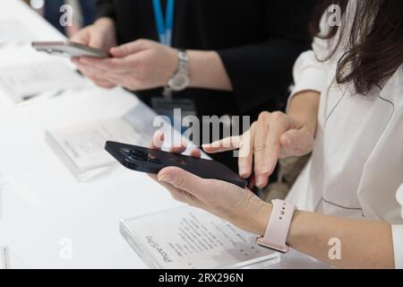 iPhone 15 series handsets on display at a store in Taiwan on September ...