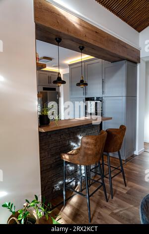 modern kitchen with nature vibe wooden rocky details and plants Stock ...
