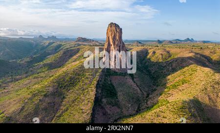Aerial of Rhumsiki peak in the lunar landscape of Rhumsiki, Mandara ...