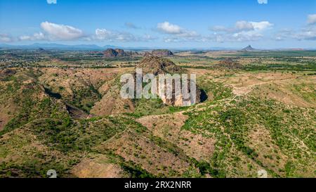 Aerial of Rhumsiki peak in the lunar landscape of Rhumsiki, Mandara ...