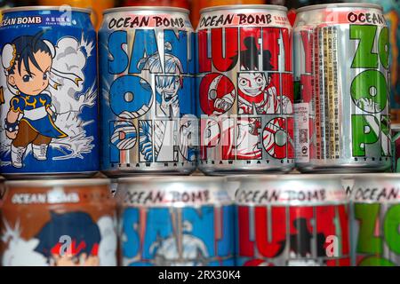 Closeup of Ocean Bomb Sparkling Water and Fruit Soda Aluminium Cans ...