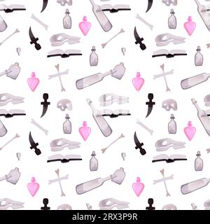 Halloween. Seamless watercolor pattern of bones and skull, ghost ...