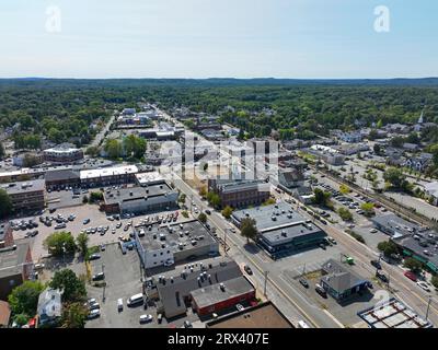Needham Town Hall aerial view at 1471 Highland Avenue in historic town ...