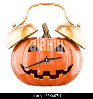 Halloween time. Pumpkin with alarmclock, 3D rendering isolated on white ...