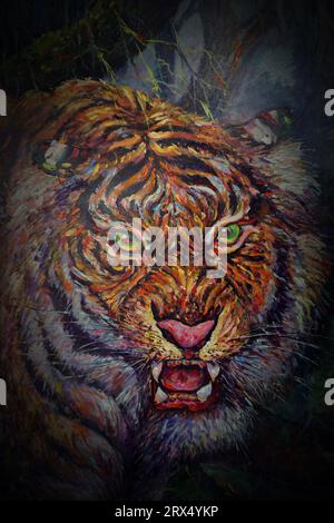 Art painting oil color Tiger in Dark From Thailand , panthera tigris ...