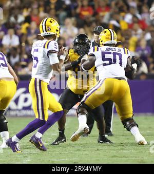 LSU offensive lineman Emery Jones Jr. (50) heads to the sideline after ...