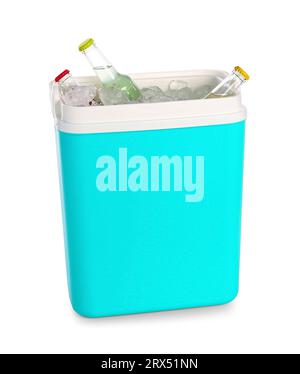 Modern beach cooler with ice cubes and bottles of cold drink on white ...