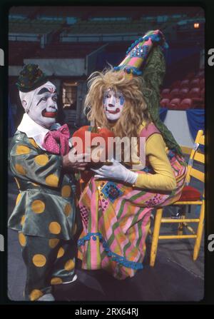 A 1979 photo of a Ringling Brothers clown in full makeup. At clown ...