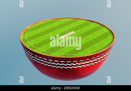 A cricket ball split in half revealing a marked green grass cricket ...