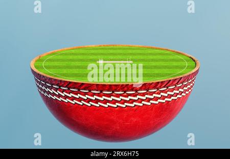 A cricket ball split in half revealing a marked green grass cricket ...