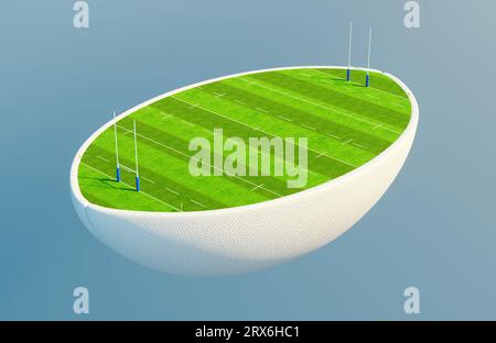 A rugby ball split in half revealing a marked green grass rugby pitch ...