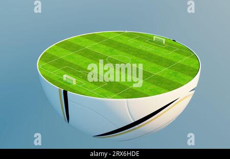 A soccer ball split in half revealing a marked green grass football ...