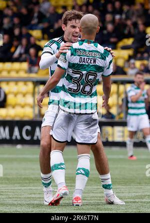 Celtic's Daizen Maeda celebrates scoring with Arne Engels during the ...