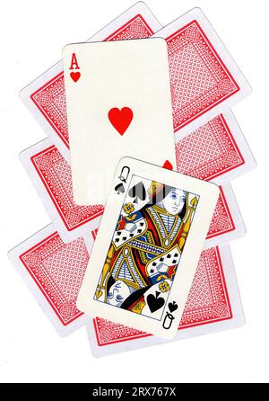 A pontoon hand of playing cards showing a jack and queen of hearts on a ...