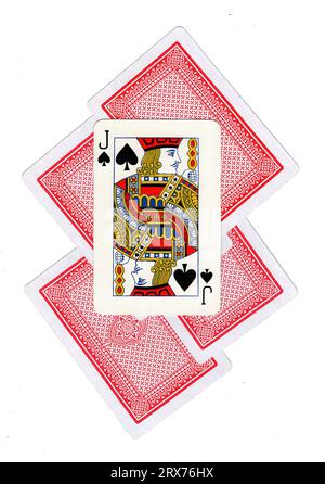 A montage of playing cards with one card revealed on a white background ...