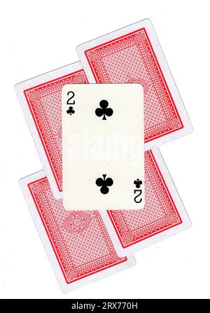 A montage of playing cards with one card revealed on a white background ...