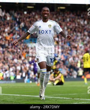 Jaidon Anthony of Leeds United celebrates his goal with a message to ...