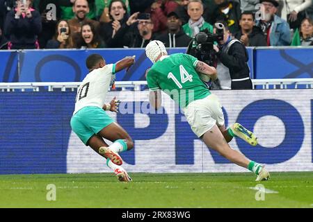 Ireland's Mack Hansen scores their sides second try of the game during ...