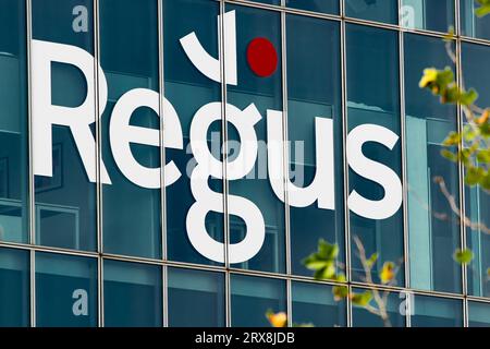 Bucharest, Romania - 19th Sep, 2023: The logo of Regus Romania, brand ...