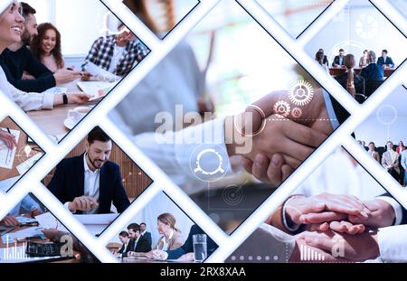 Partner, collaboration. Collage with photos of businesspeople, banner ...