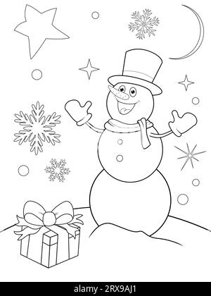 Outline snowman, one line illustration, on a watercolor background with ...