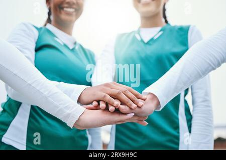 Hockey, together hands and women teamwork, support or motivation for ...
