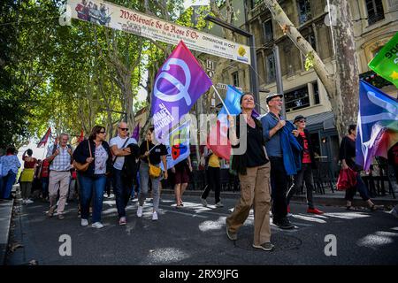 Avignon, France. 23rd Sep, 2023. Protesters are seen with flags during ...