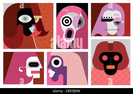 Pop art design of five different people portraits vector illustration ...