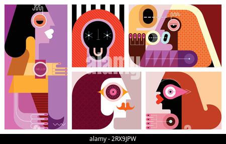 Pop art design of five different people portraits vector illustration ...