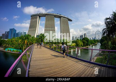 Pedestrian access bridge at Gardens by the Bay with iconic Marina Bay ...