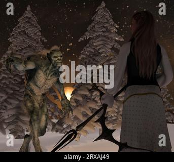 Werewolf and female elf warrior ready to fight in the forest - 3d ...