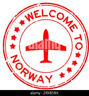 Grunge red welcome word with plane icon square rubber seal stamp on ...