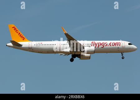 A Pegasus Airlines Airbus 321 NEO landing at Frankfurt Rhein-Main international Airport. The ...