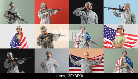 Collage with many American soldiers on color background Stock Photo - Alamy