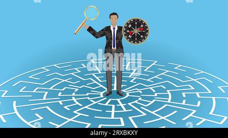 Businessman with magnifying glass and compass, standing on labyrinth ...