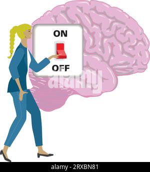 Woman turning off brain with switch. Isolated. Vector illustration ...