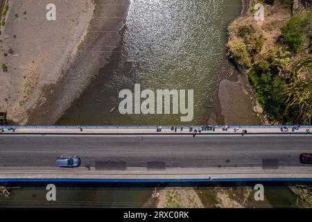 Beautiful aerial View of the Tarcoles river and bridge, with lots of ...