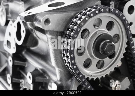 new car timing chain on a disassembled engine in a car workshop. Timing ...