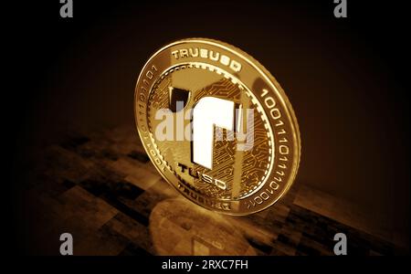 TrueUSD stablecoin TUSD cryptocurrency gold coin on green screen ...