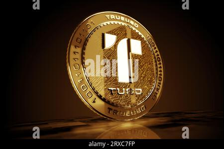 TrueUSD stablecoin TUSD cryptocurrency gold coin on green screen ...